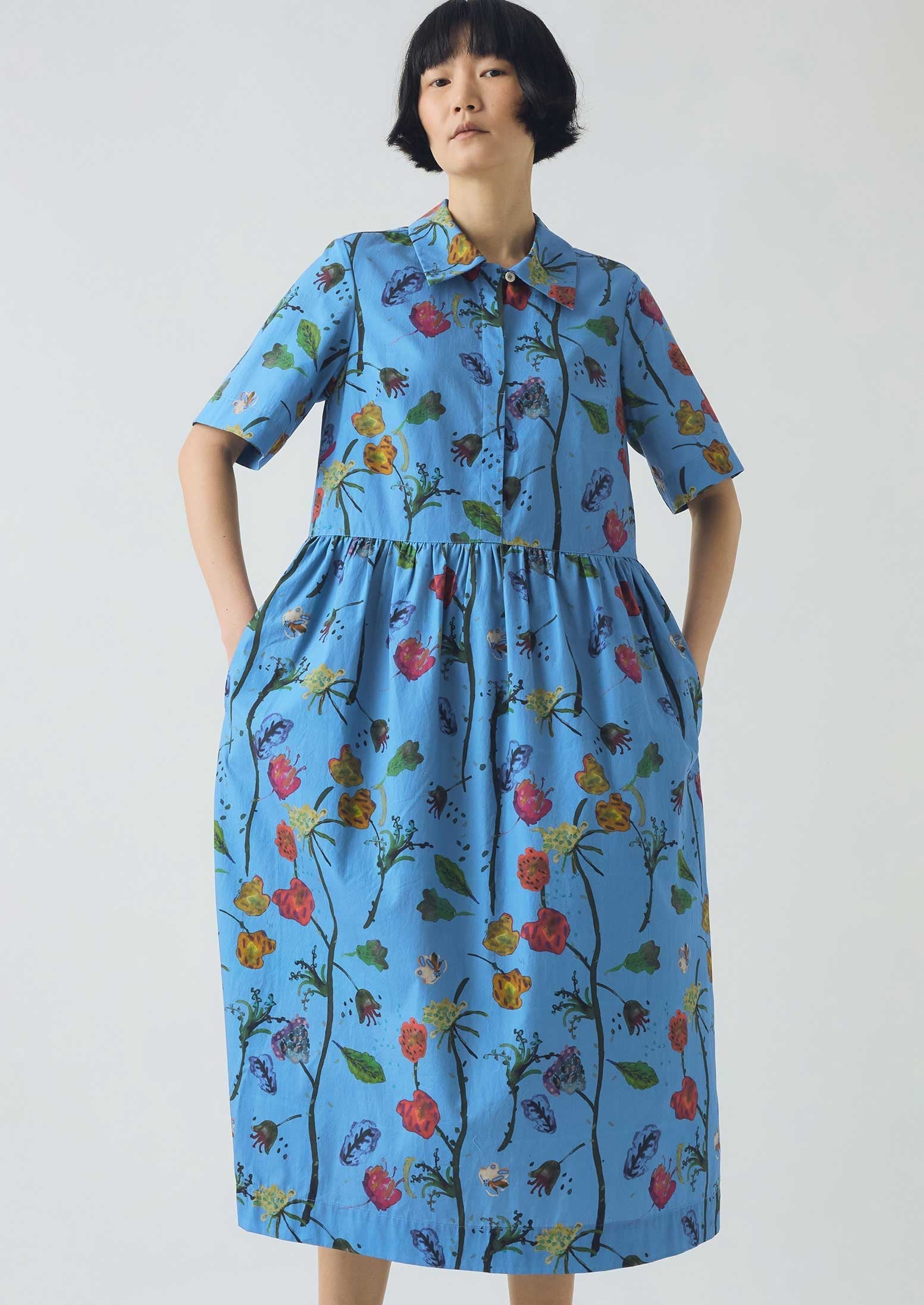 Archivist Floral Print Cotton Shirt Dress | Warm Blue | TOAST