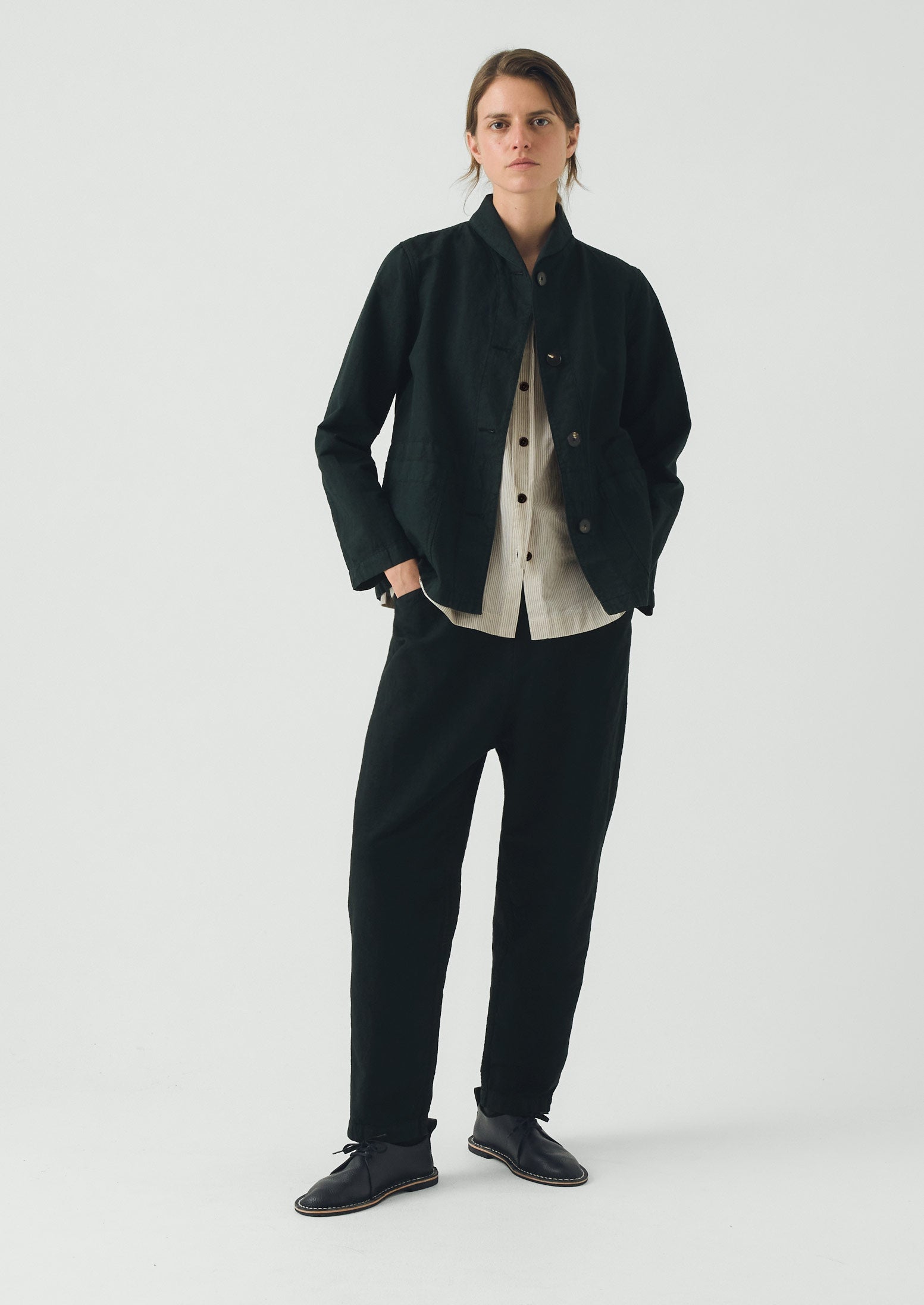 Hal Micro Houndstooth Cotton Linen Workwear Jacket | Oil Green | TOAST