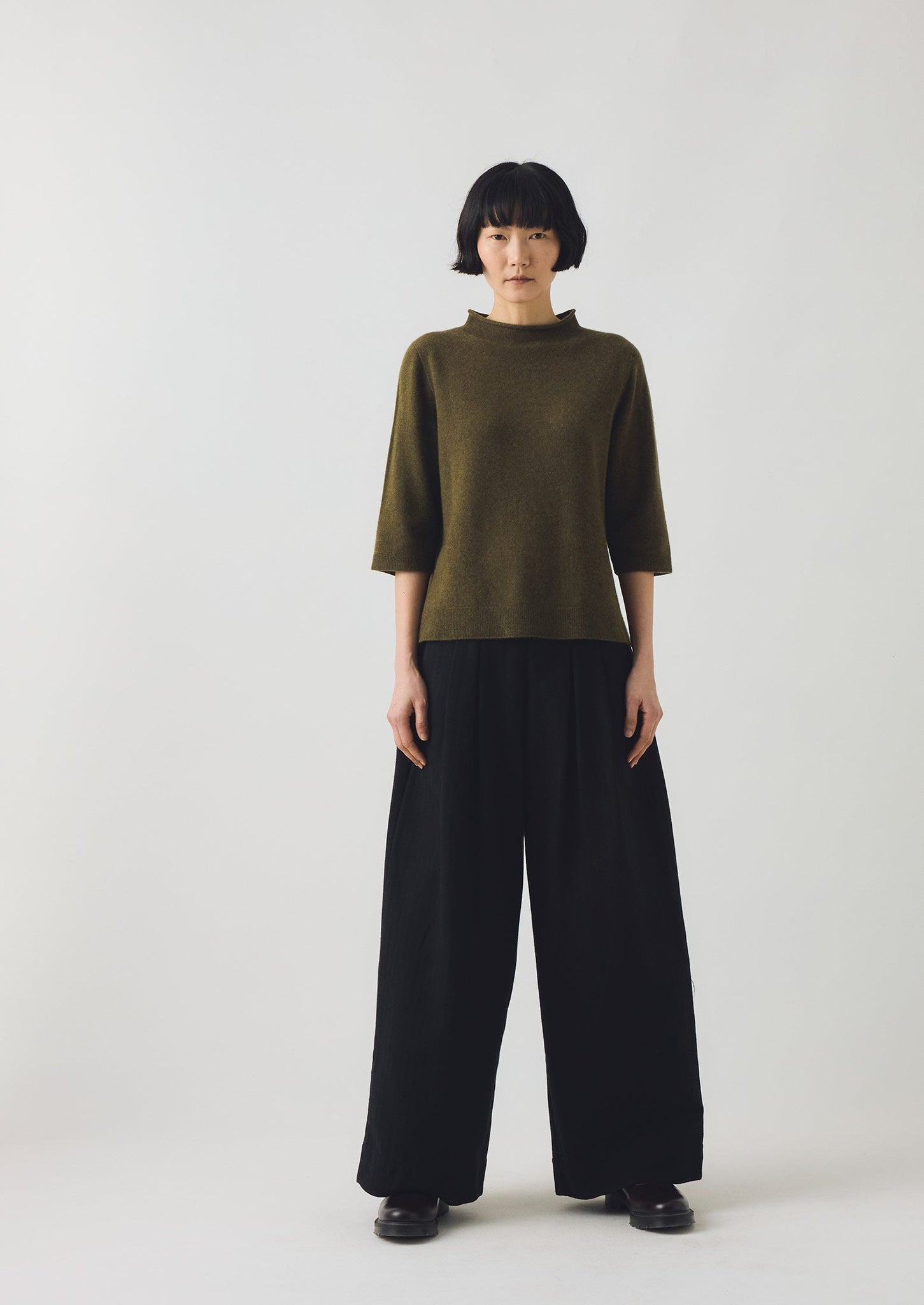 Fine Wool Cashmere Half Sleeve Sweater | Olive Melange | TOAST